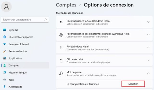 Comment changer le mot de passe Windows 11