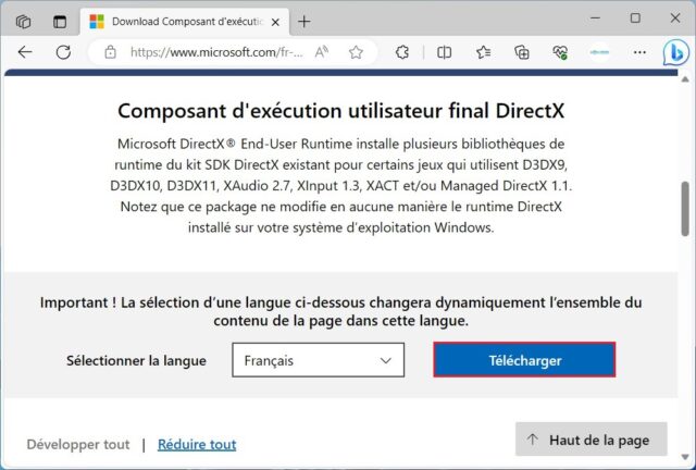 Télécharger et installer la dernière version de DirectX