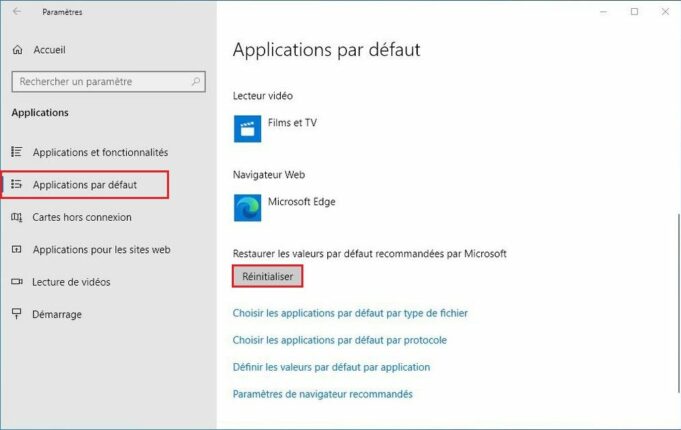 Réinitialiser les associations de fichiers sur Windows 10